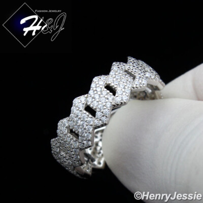 MEN WOMEN 925 STERLING SILVER FULL ICY CUBIC ZIRCONIA CUBAN CURB LINK ...
