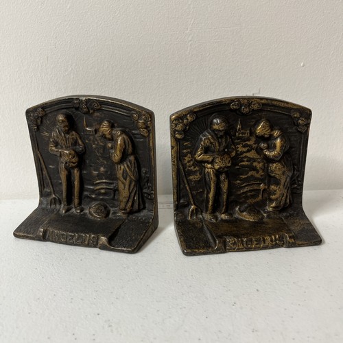 Bronze Angelus Call To Prayer Bookends Antique Farm Couple Nice Patina ...