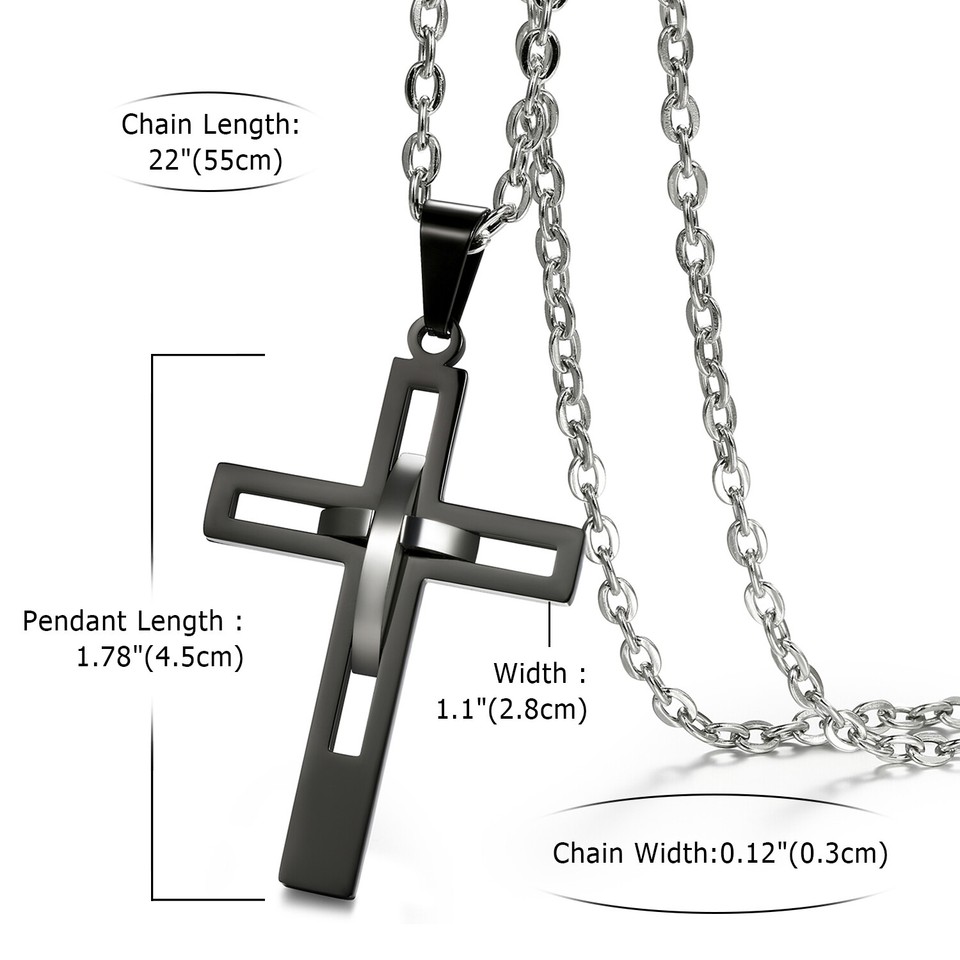 Men's Black Silver Double Hollow Cross Stainless Steel Pendant Necklace ...