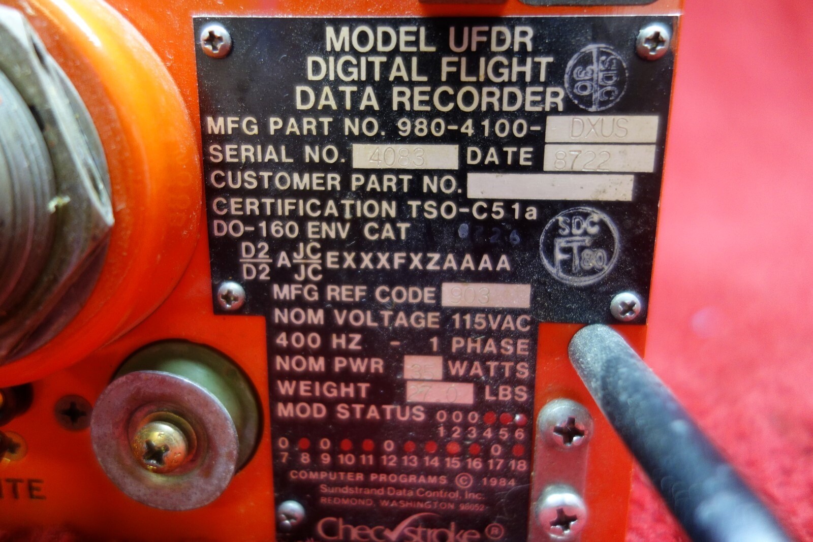 Sundstrand Data Control UFDR Digital Flight Data Recorder 115V PN 980 ...