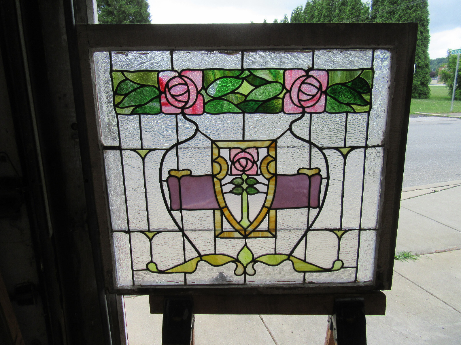 ~ ANTIQUE STAINED GLASS WINDOW WITH ROSES ~ 37 x 32 ~ ARCHITECTURAL ...