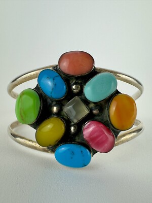 Sterling Silver 925 Multicolor Cuff Bracelet Blue Green Coral Turquise ...