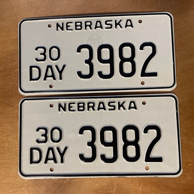 2002 Nebraska License Plate Pair Temporary 30 Day # 3982 New Old Stock ...