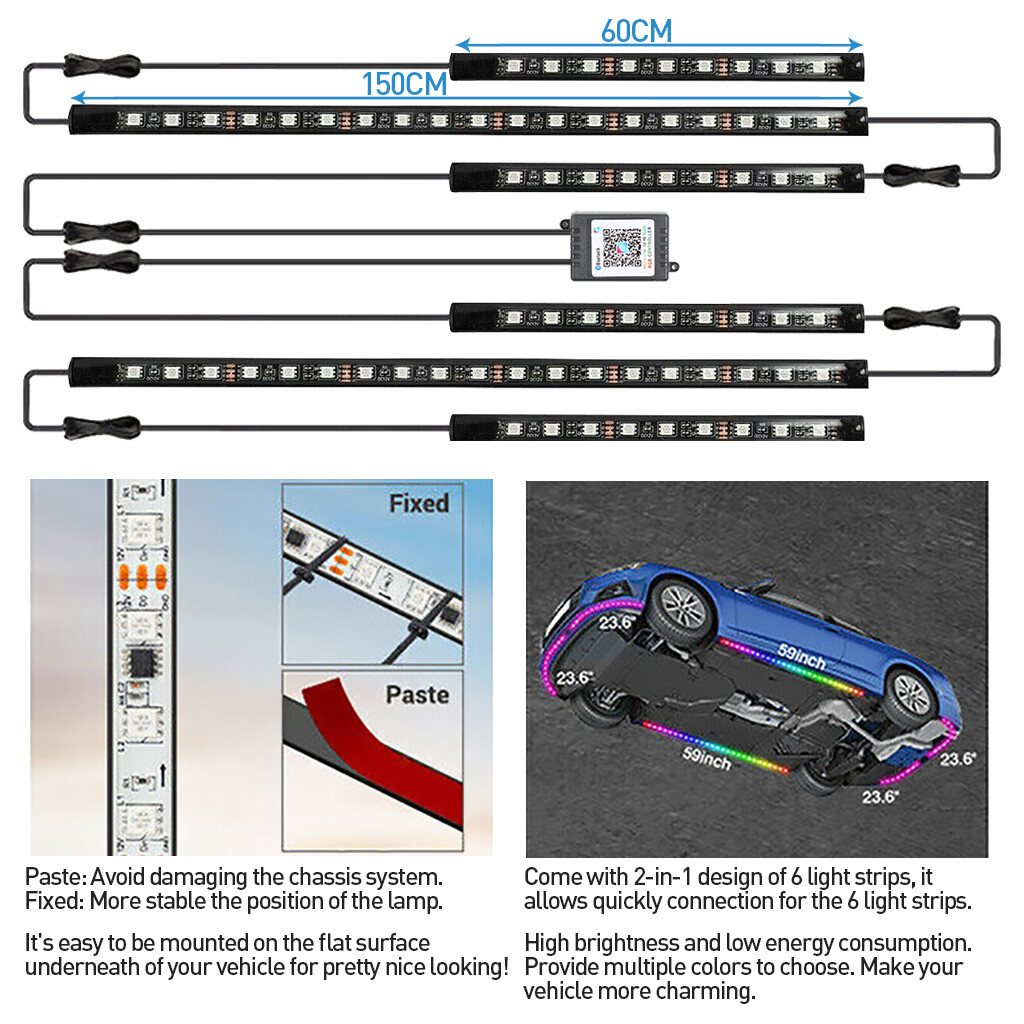 6 RGB LED Under Car Tube Strip Underglow body Neon Light Kit+Phone App ...