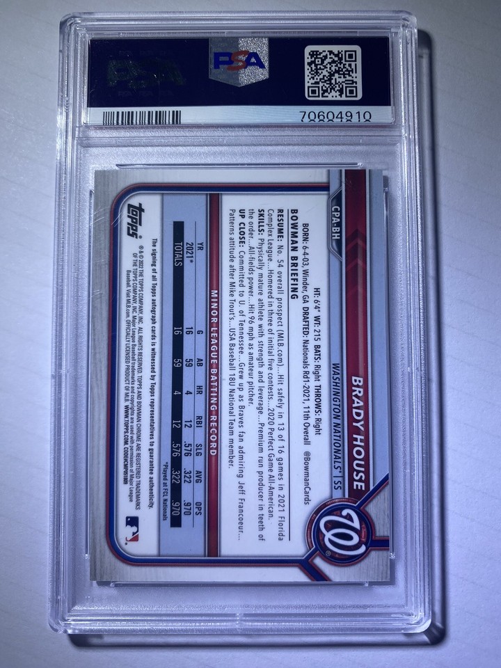 Brady House 2022 Bowman Chrome Prospect Autograph Auto Card #CPA-BH PSA ...