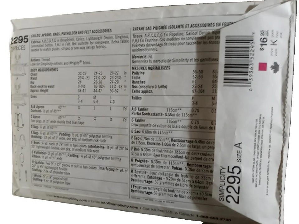 Simplicity 2295 Fabric Sewing Pattern Child Aprons, Bags, & Kitchen ...