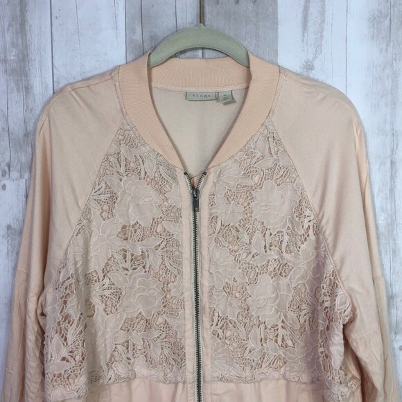 HINGE light pink floral lace full zip up lightweight bomber jacket w ...