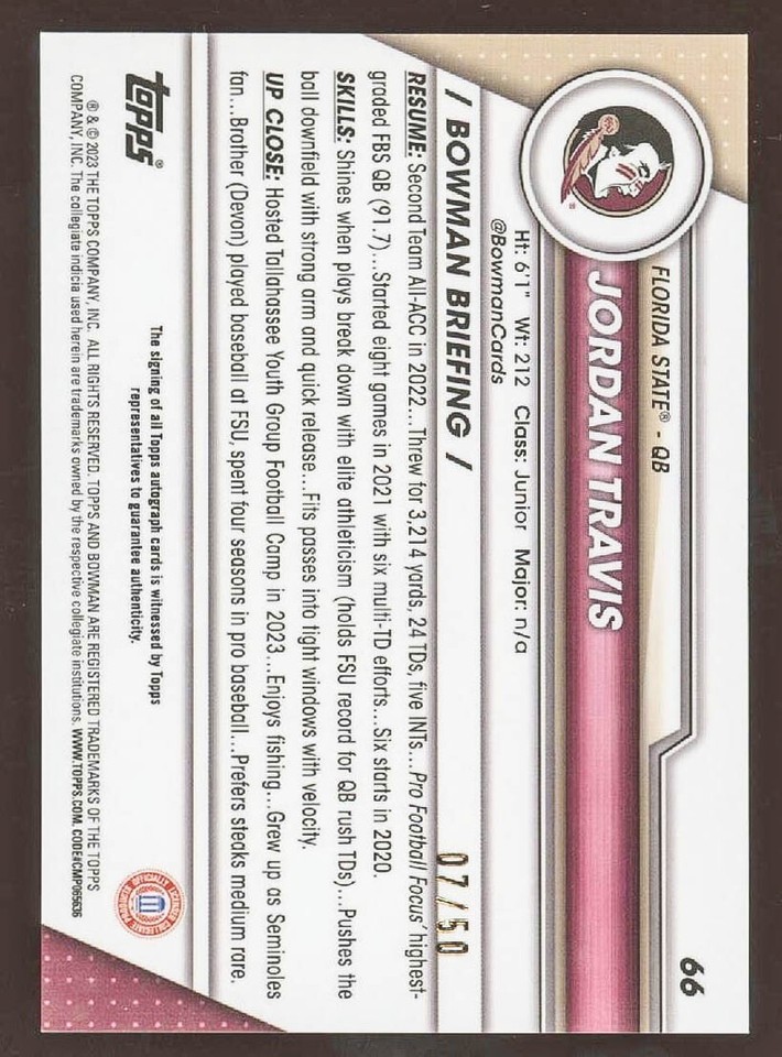 2023 Bowman Chrome University Jordan Travis Auto 7/50 Gold Refrator ...
