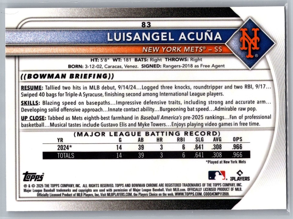 2025 Bowman Luisangel Acuna Chrome Red Rookie Logo #83 New York Mets | eBay