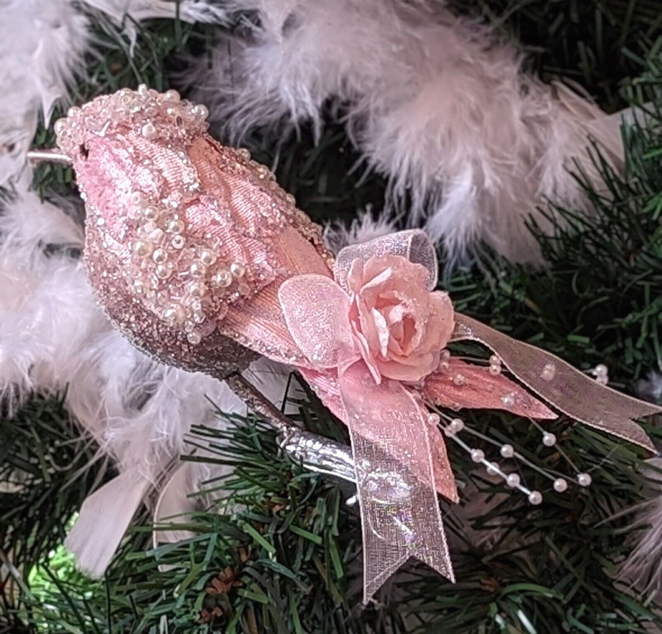 Shabby Chic Victorian Pink Velvet Beaded Bird Pink Rose Christmas Tree ...