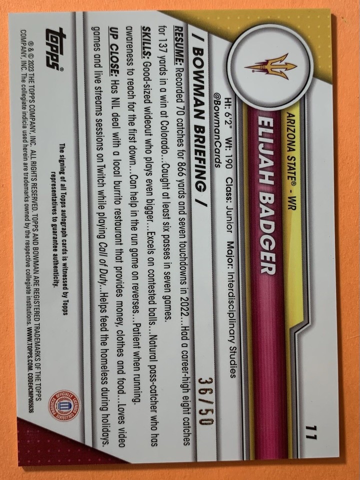 2023 Bowman Chrome U Elijah Badger 1st Gold Refractor Autograph Auto ...