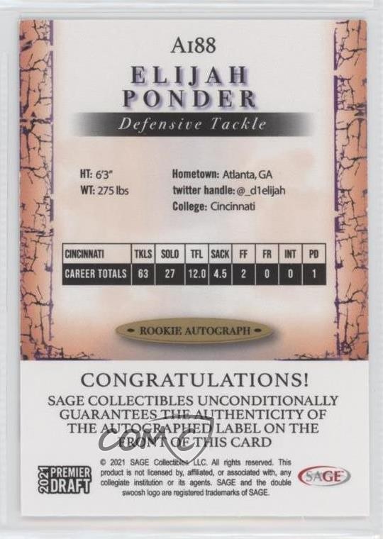 2021 Sage Premier Draft Auto Elijah Ponder #A188 Auto | eBay UK
