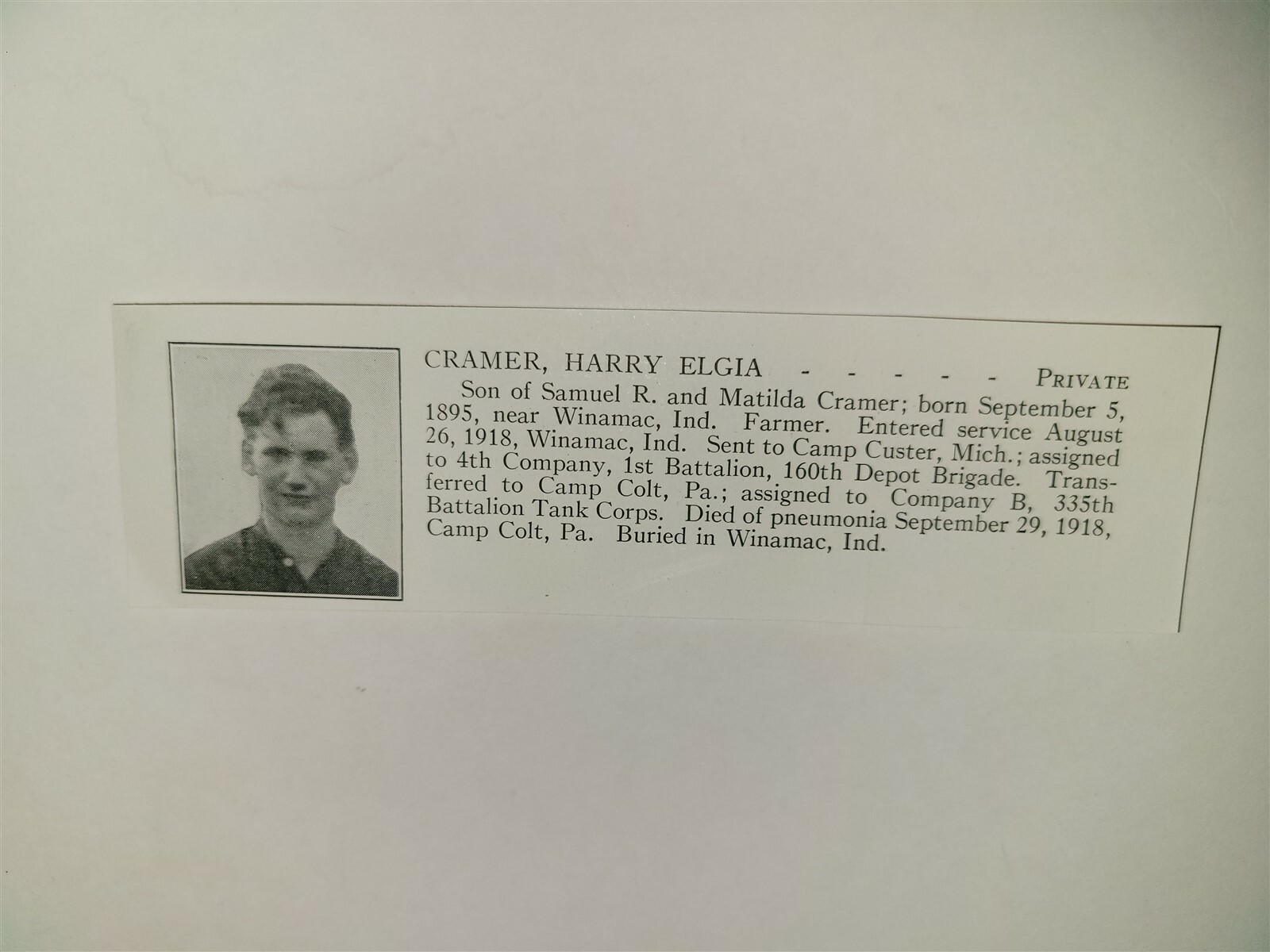 Harry Cramer Winamac Indiana Camp Colt 335th battalion Tank Corps 1921 ...
