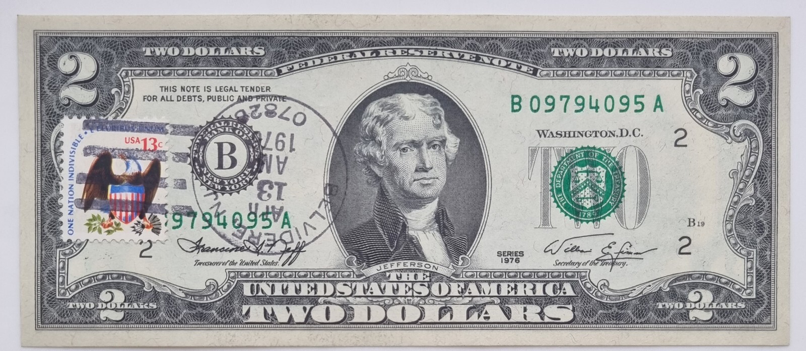 1976 Two Dollar Federal Reserve Note $2 Bill as First Day Cover w ...