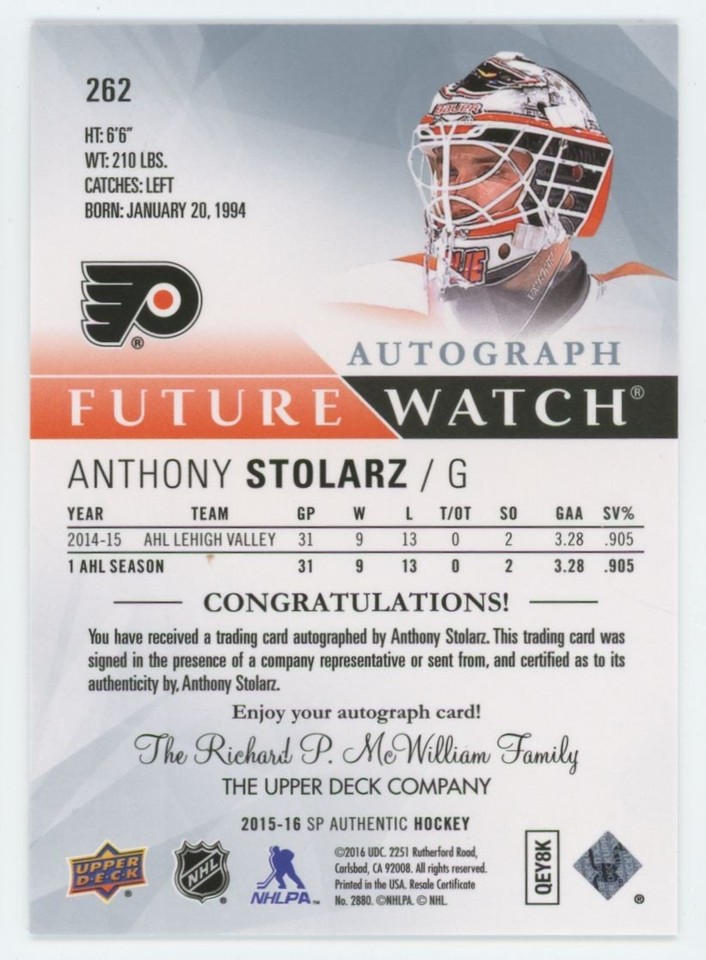 2015-16 SP AUTHENTIC Anthony Stolarz FUTURE WATCH RC ROOKIE /999 | eBay