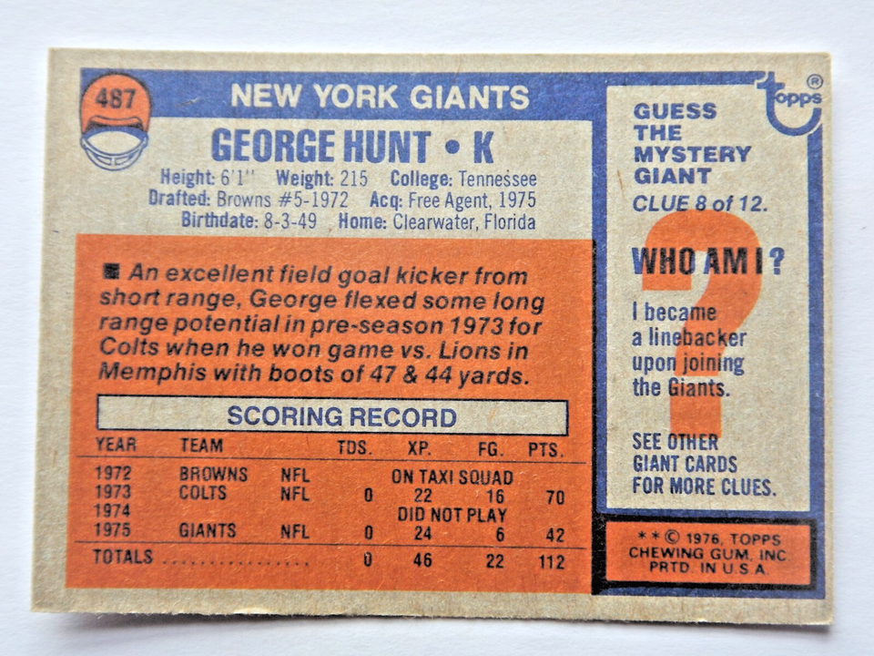 George Hunt #487 Topps 1976 Football Card (New York Giants)* | eBay