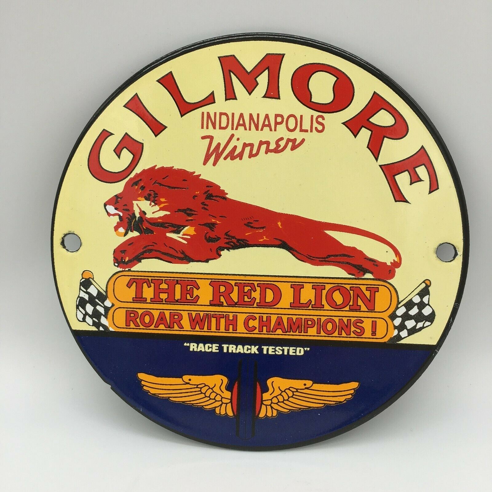 Vintage Gilmore Oil The Red Lion Race Winning Metal Enamel Gas Station ...