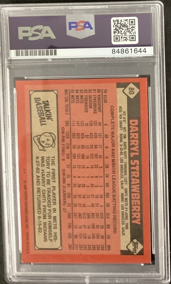Darryl Strawberry Signed 1986 Topps #80 Baseball Card PSA/DNA Auto Gem ...