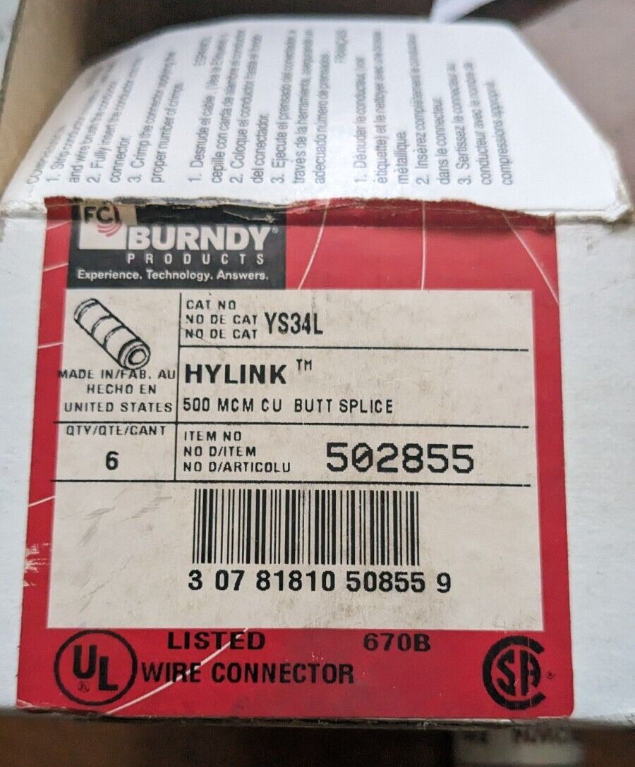 Burndy YS34L - 500 MCM CU. BUTT SPLICE (2 EA) | eBay