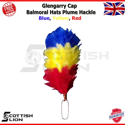 Scottish Balmoral Bonnet Hat Cap Plume Hackle Feather Blue, Yellow, Red ...