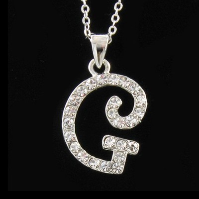 Initial G Necklace Chain Clear Stone Crystal Rhinestone Silver Tone ...