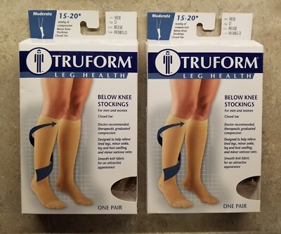 NEW 2 Pair TRUFORM Compression Stockings CT 15-20 Below Knee Sz D Beige ...