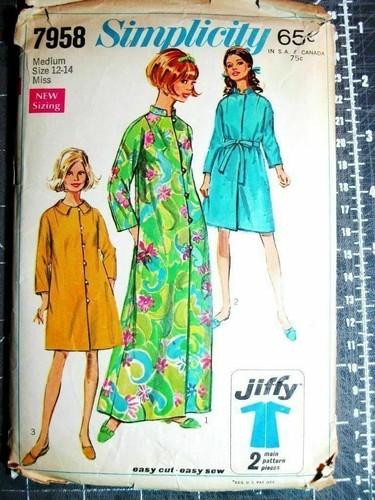 Simplicity 7958 Jiffy ROBE 2 lengths sizeM(12-14) bust 34-36 1968 Uncut ...