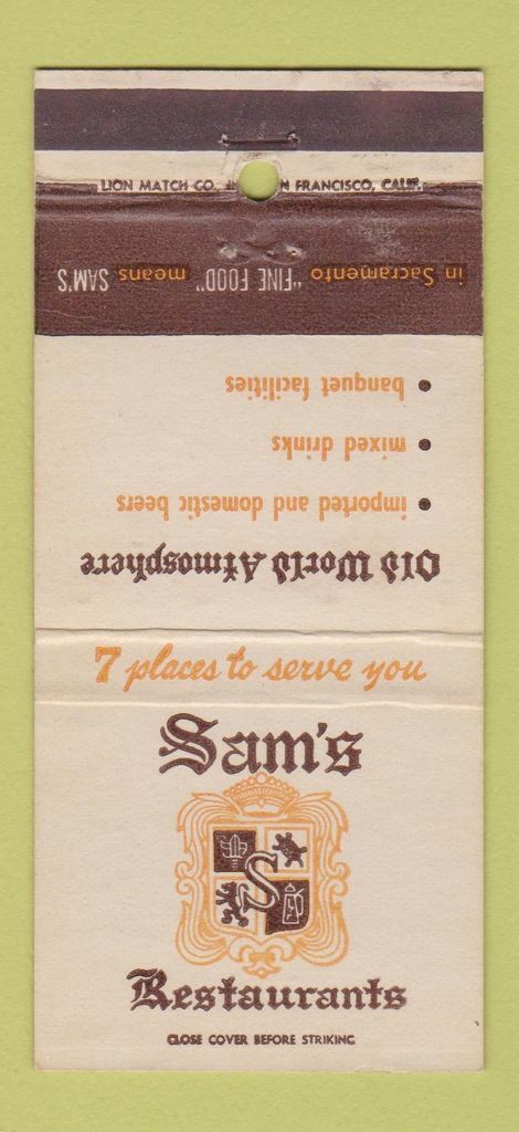 Matchbook Cover - Sam's Restaurants San Francisco CA Sacramento 30 ...