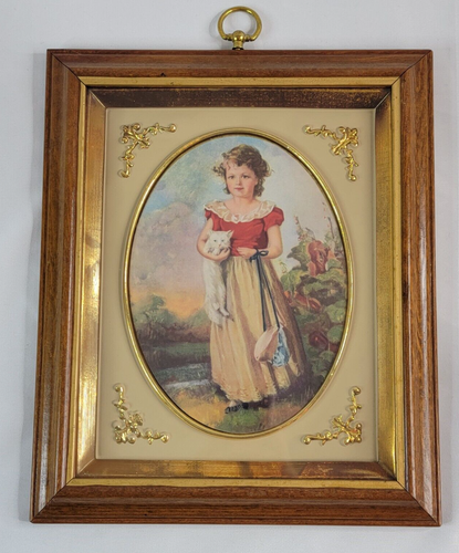 Vtg Jane Freeman 'Chums' Girl & Cat Print 10 x 12 Print Wood Frame ...