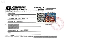 USA APC/CVP/ATM - Single stamp usage of #CVP91b ERROR on USPS Form 3817 ...