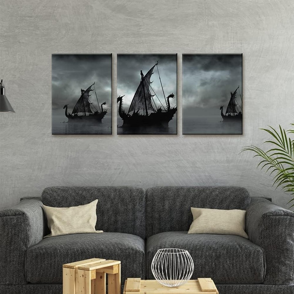 Viking Ship Canvas Wall Art - 3 Panel Fantasy Decor for Modern Living ...