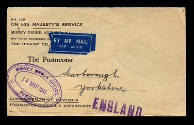 AUSTRALIA MONEY ORDER 1941 AIRMAIL ADVICE PERTH to SCARBOROUGH GB | eBay