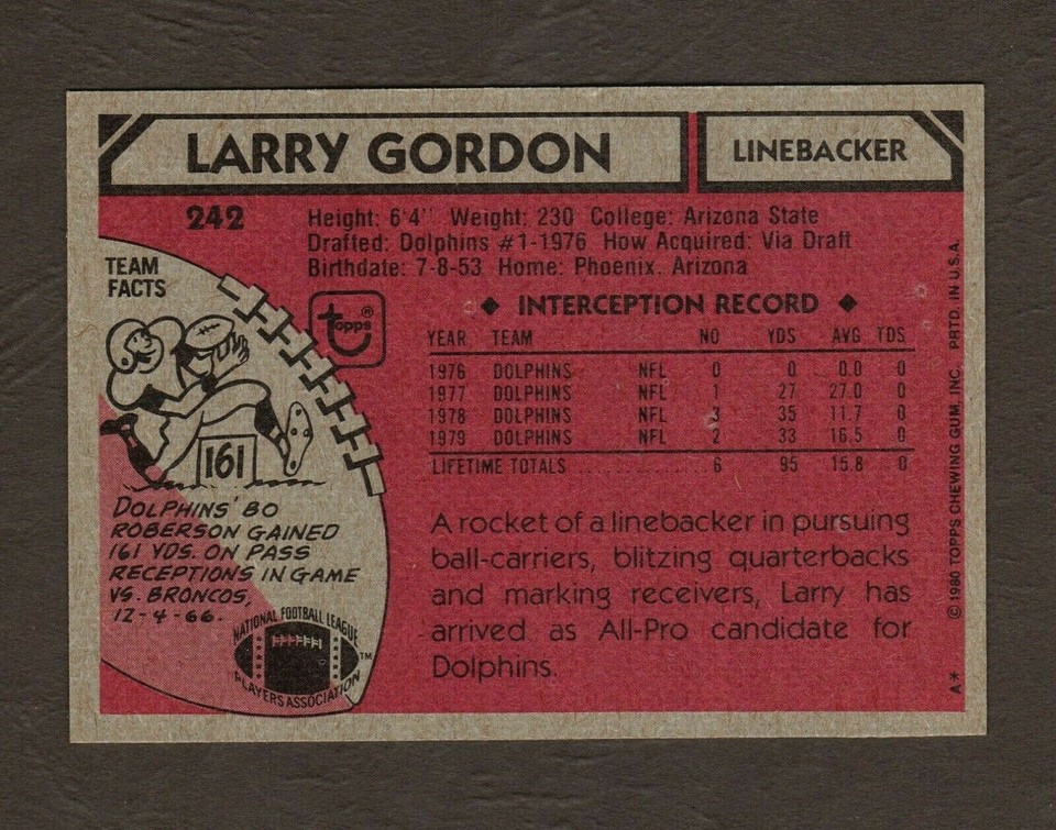 1980 Topps Football Card #242 Larry Gordon - Miami Dolphins | eBay