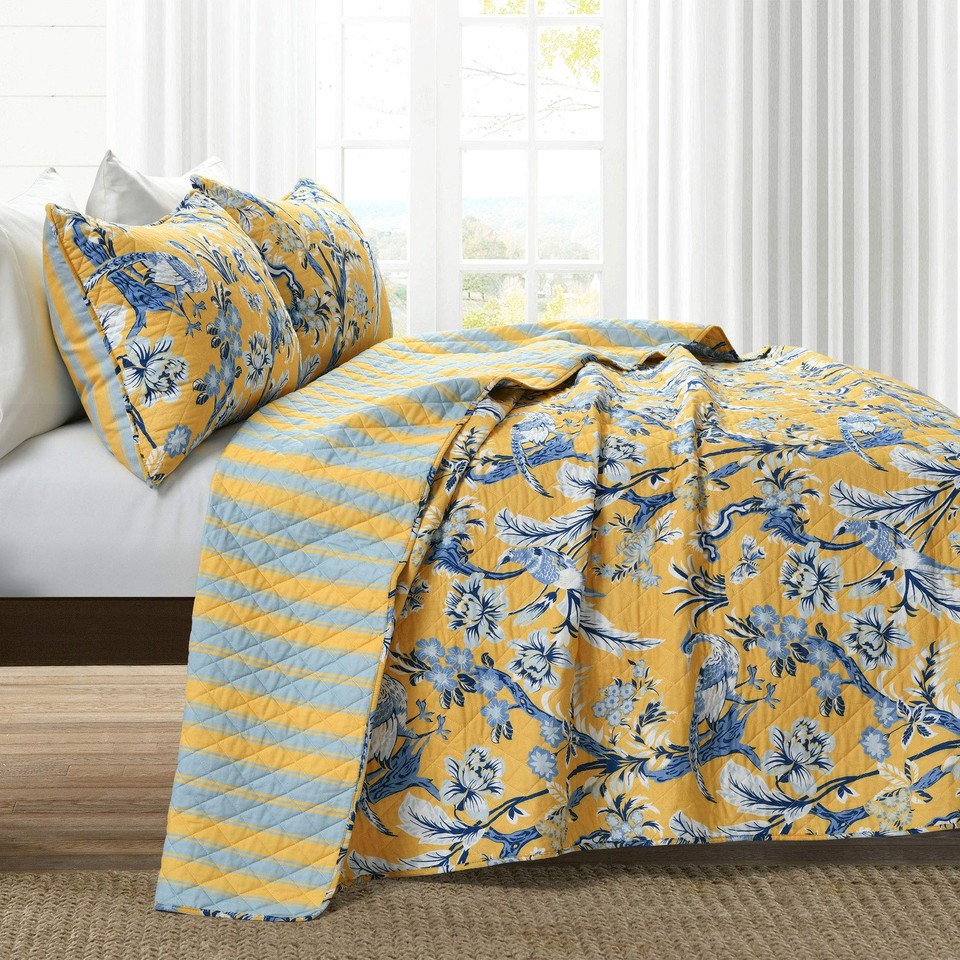 Dolores Reversible Cotton Quilt Set 3 Piece Set Full/ Queen Yellow ...