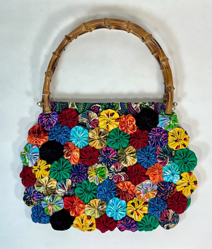 UNIQUE Up-cycled handmade fabric yo-yo POUF PURSE w/vintage bamboo ...