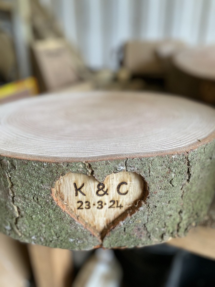 Wooden log cake stand with personalised option, rustic wedding cake log ...