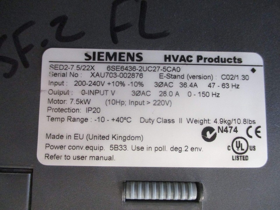 Siemens SED2-7.5/22X AC Drive 6SE6436-2UC27-5CA0 10HP 3Ph Input:200 ...