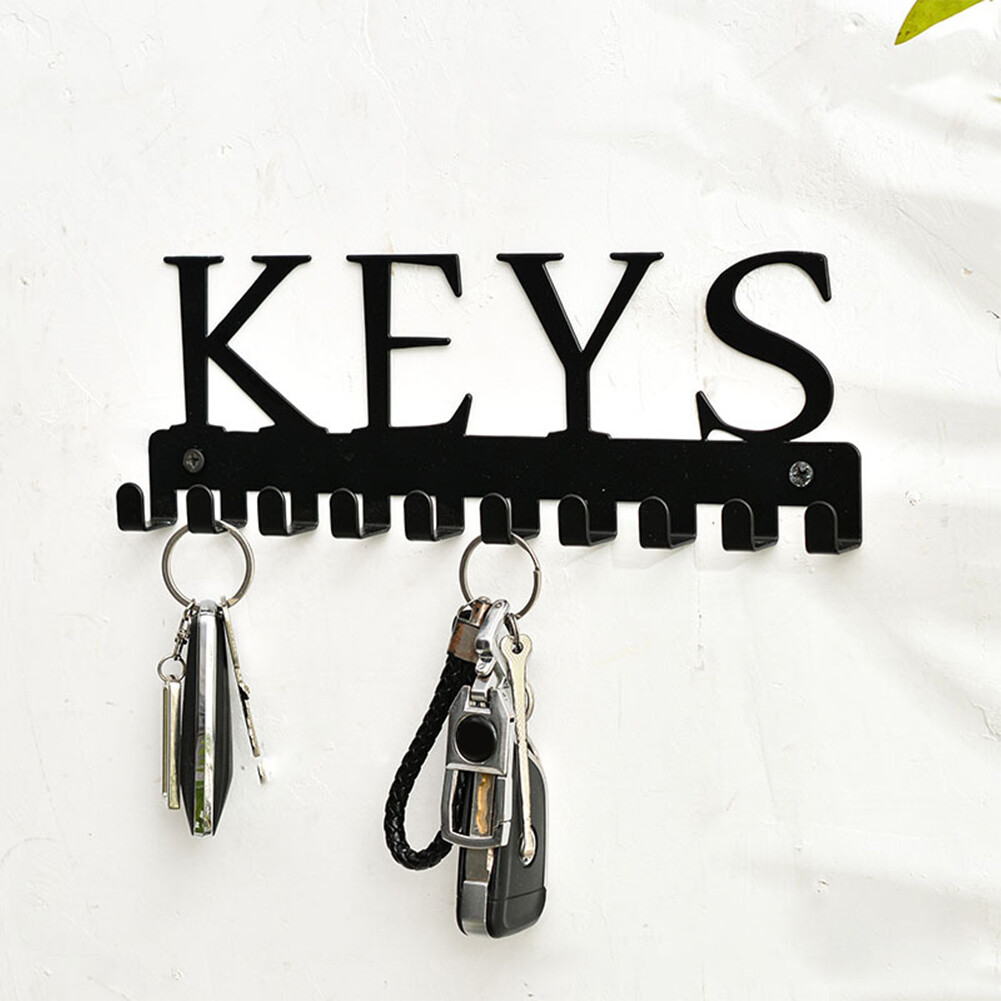 10 Hooks Multifunctional Black Key Holder Hat With Screws Wall Mounted ...