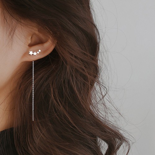 925 Sterling Silver Stars CZ Threader Thread Line Dangle Earrings A1320 ...