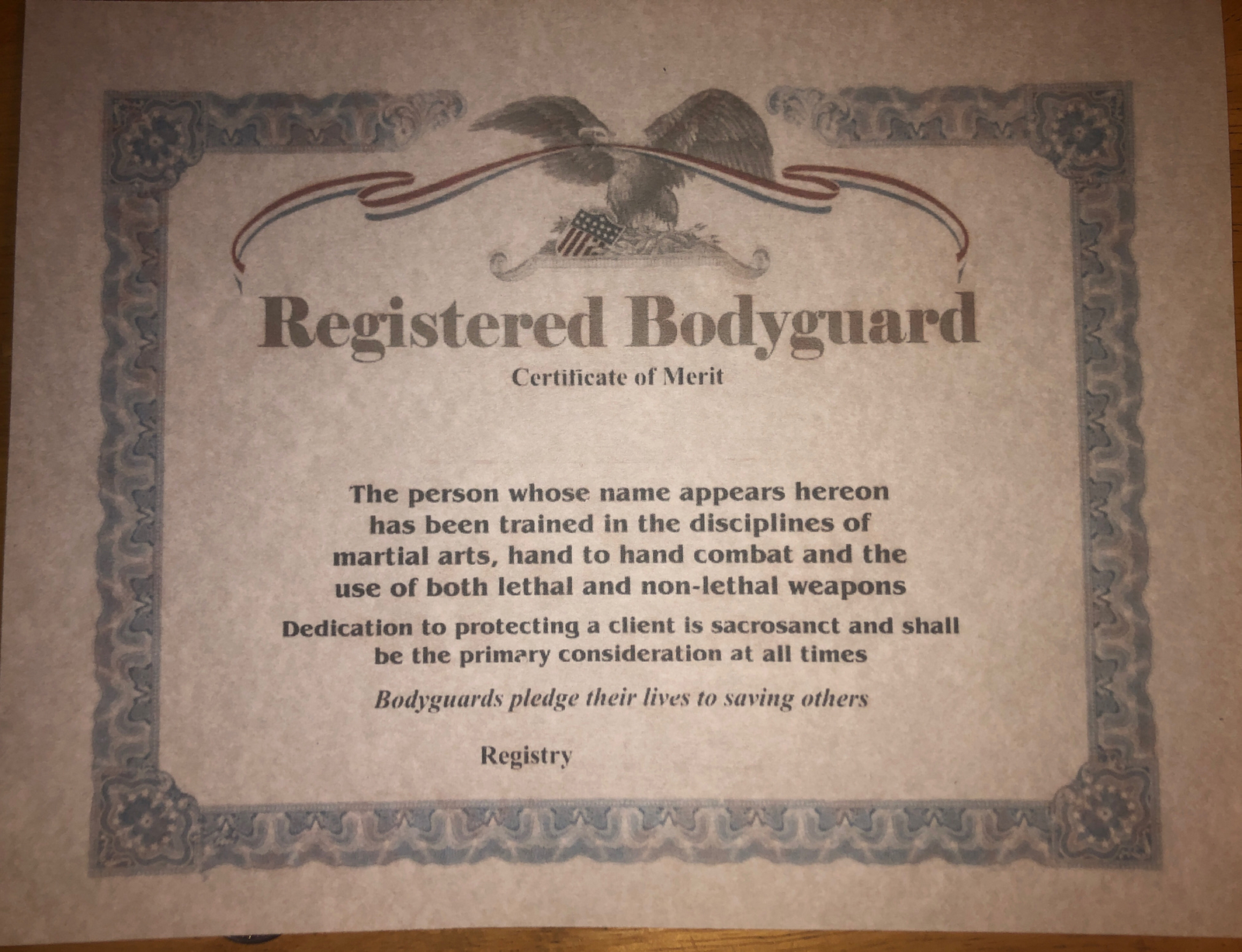 BODYGUARD CERTIFICATE / Diploma- comes blank-fill in your own info.-8.5 ...