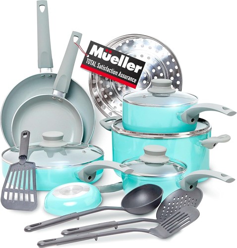 Mueller 16-Piece Non-Stick Stone Cookware Set with 16-Piece, Turquoise ...