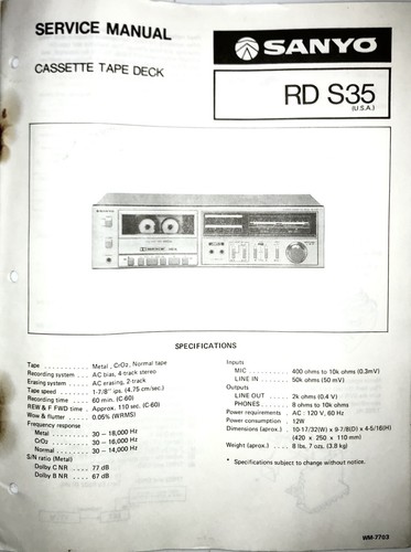 SANYO RD S35: Cassette Tape Deck Player: Technical Service & Repair ...