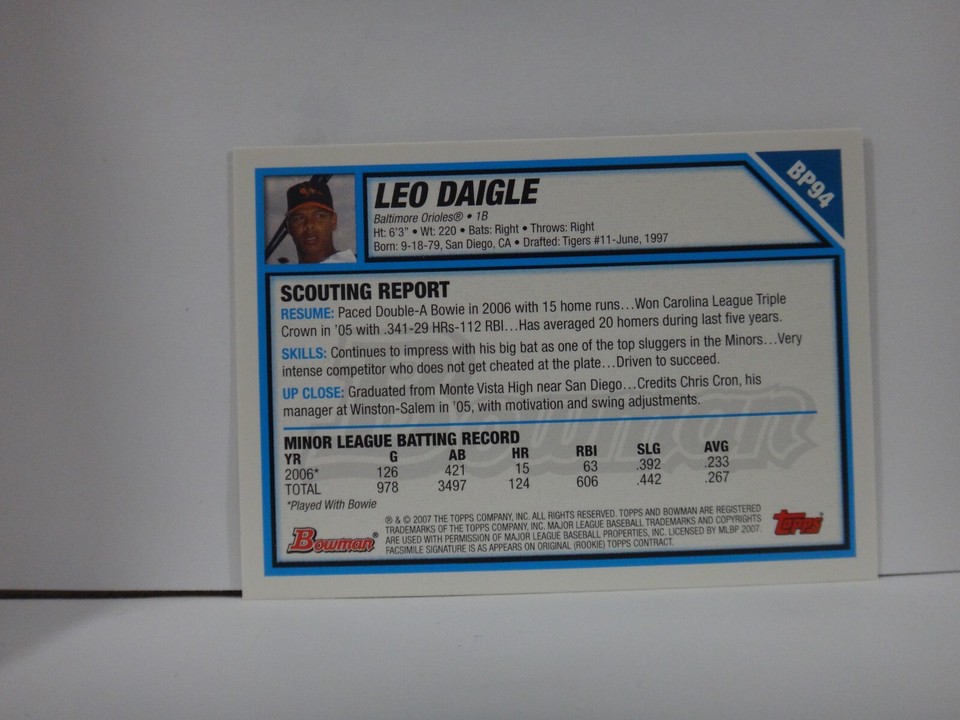 2007 Bowman Prospects Gold Baltimore Orioles Baseball Card #BP94 Leo ...