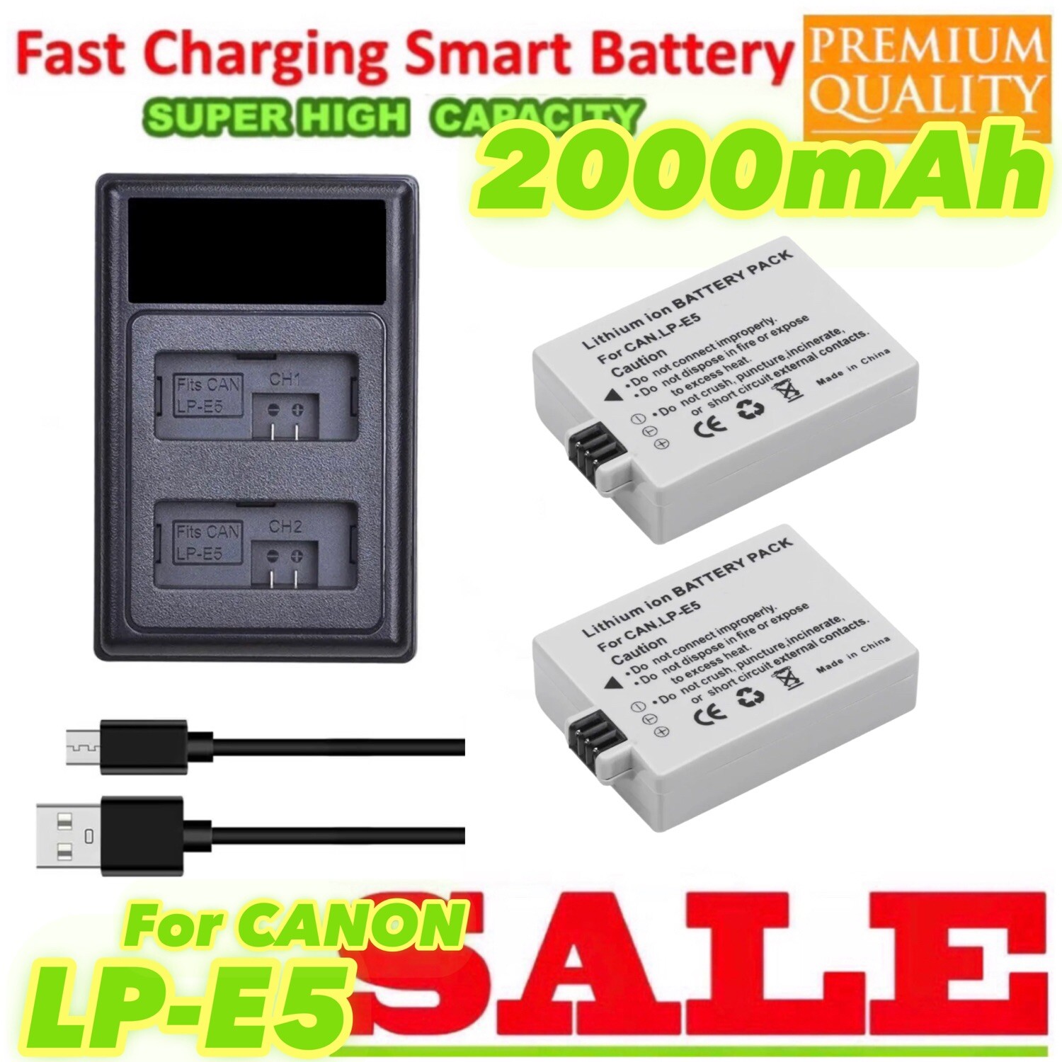 2 LP-E5 Camera Battery & Dual Charger for Canon EOS 1000D 450D 500D ...