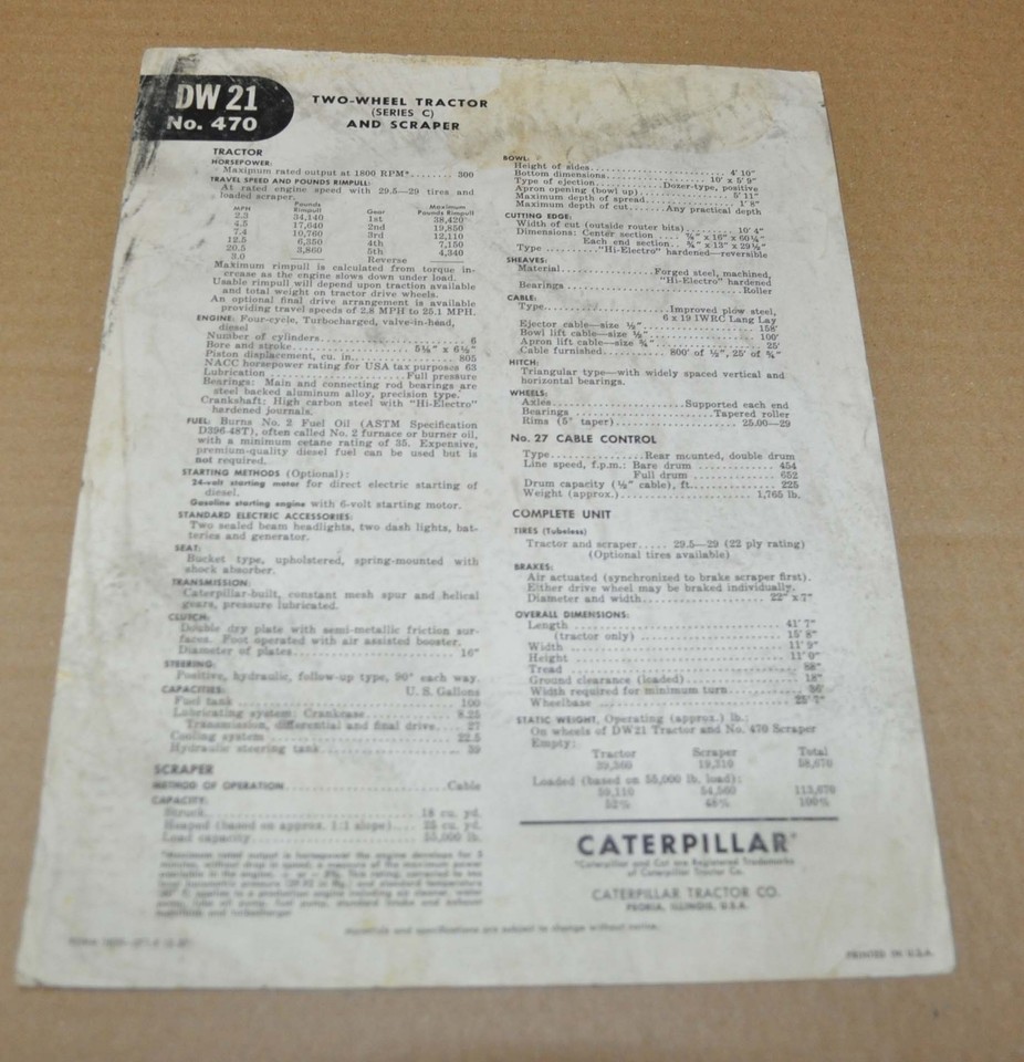 1957 Caterpillar DW21 470 Scraper Specification Brochure Prospekt | eBay