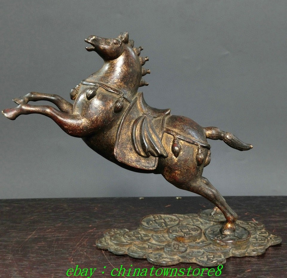 8" Old Dynasty Bronze Gold Fengshui Money Coin Wealth Horse Animal ...