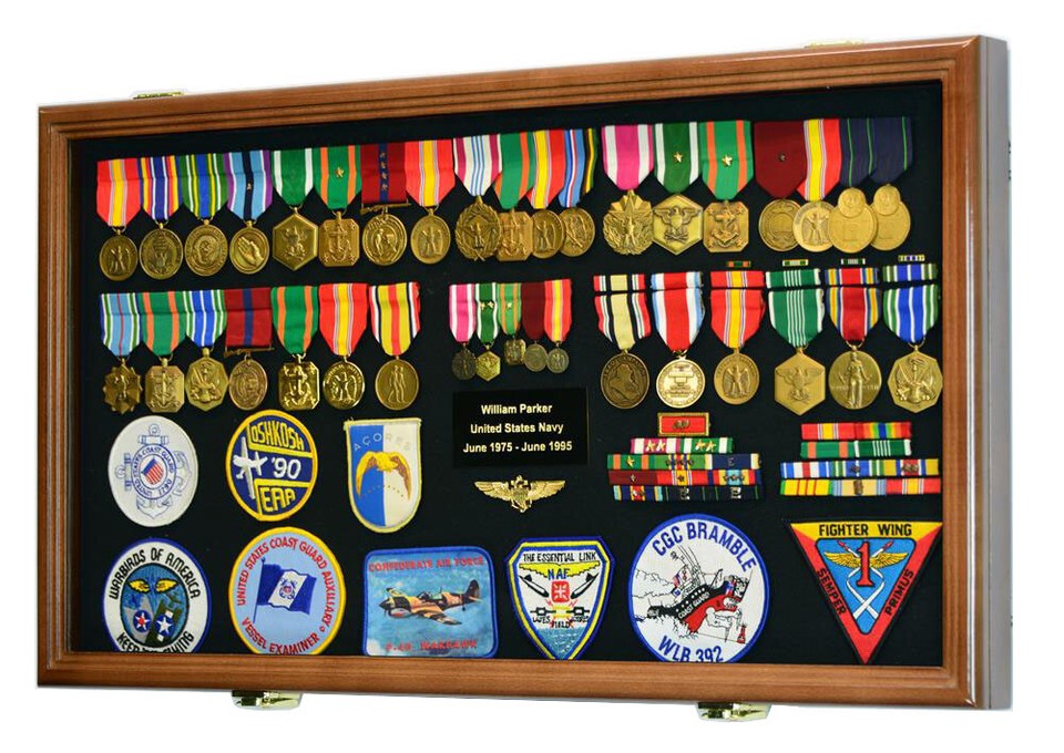 Large Military Medals Flag Pins Ribbons Patches Display Case Cabinet ...