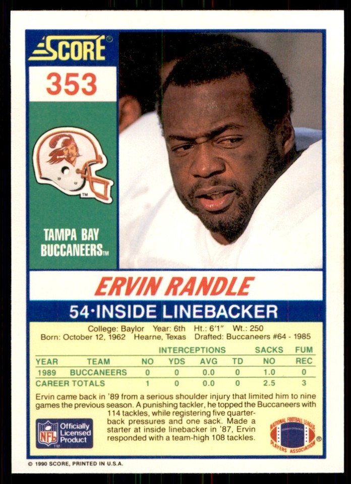 1990 Score Ervin Randle Tampa Bay Buccaneers #353 | eBay