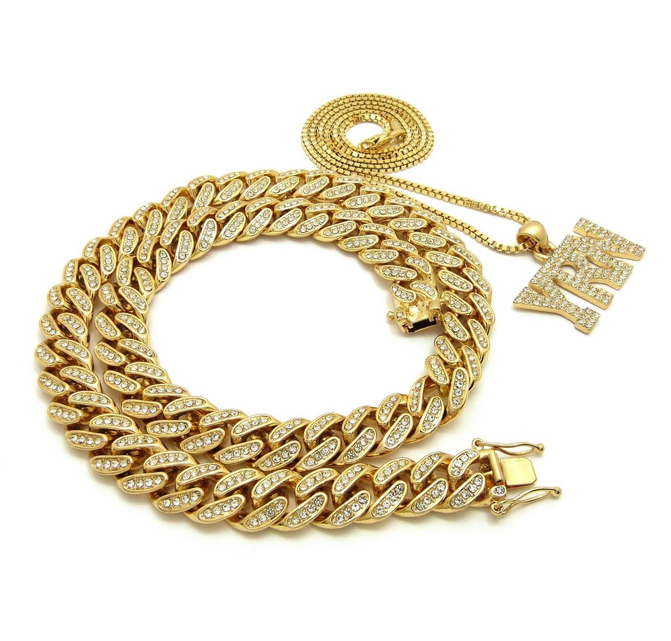 NEW HIP HOP FULL ICE MIGOS 20" ICED CUBAN CHAIN & YRN CHAIN SET GOLD ...