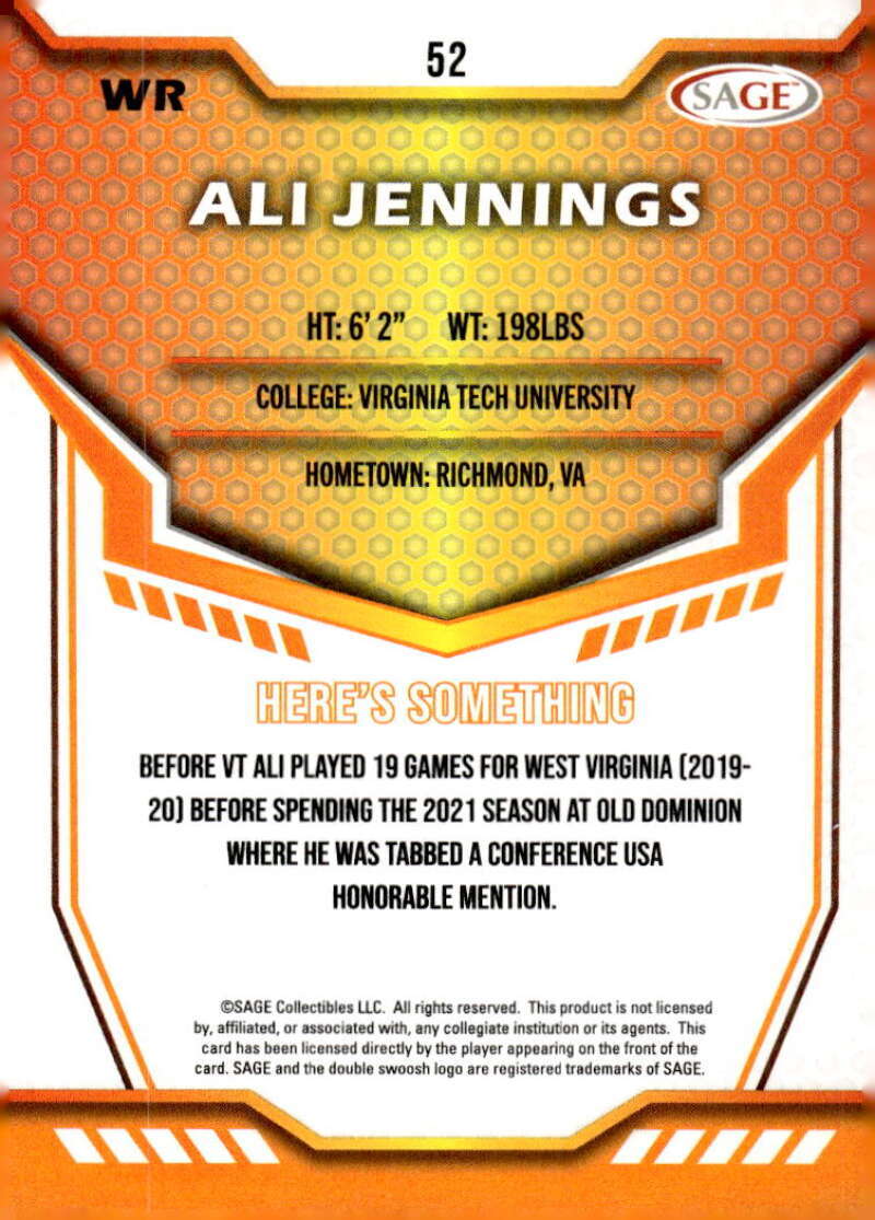ALI JENNINGS RC 2024 SAGE Hit Low Series Silver #52 ROOKIE NCAA NFL ID ...